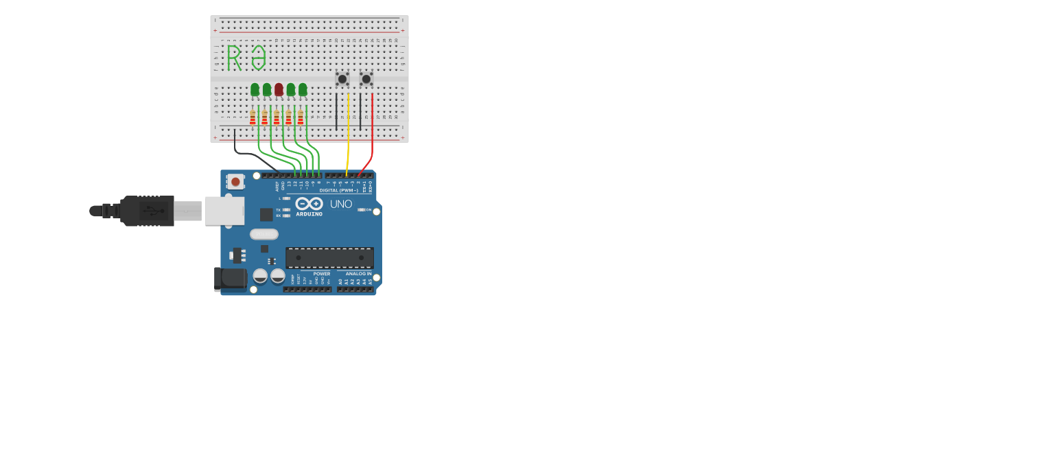 Circuit design LED Sequence with two push buttons - Tinkercad