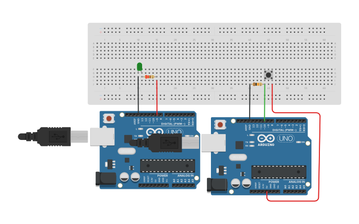 Circuit design Conexión pulsador y Leds - Tinkercad
