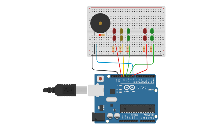 Circuit design semaforo com buzzer | Tinkercad