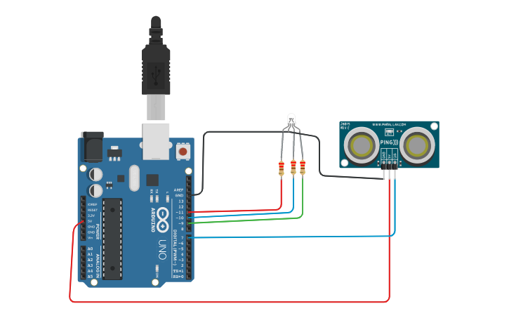 Circuit design Ultrasonic PING with RGB Distance Sensor - Tinkercad