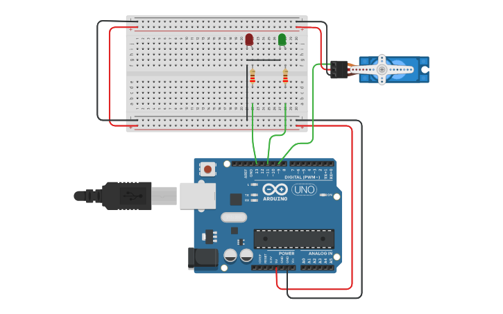 Circuit design Motor de passo + LED vermelho/verde - Tinkercad