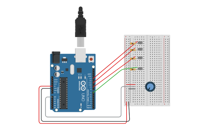 Circuit design L6 DIALING 3 LEDs BLINK DIFF. RATES | Tinkercad