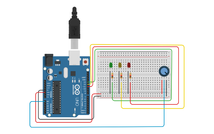 Circuit Design Potenciômetro E Três Leds Tinkercad