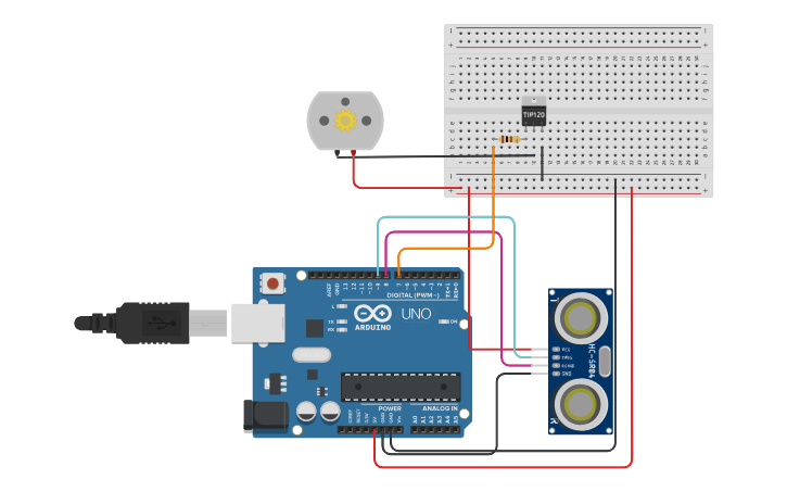 Circuit design ultrasonic sensor and dc motor - Tinkercad