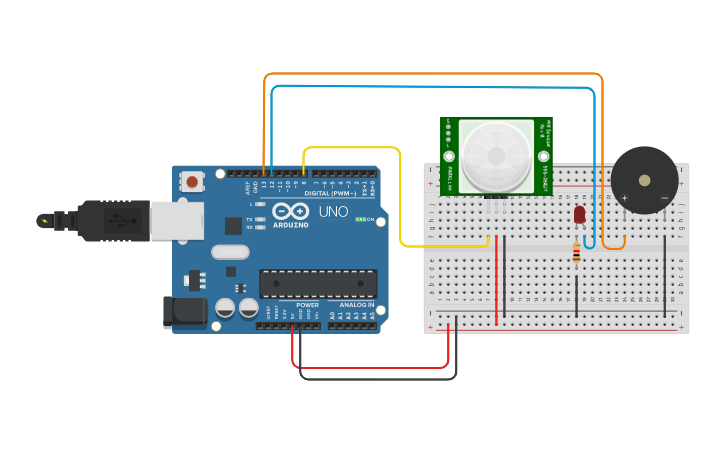 Circuit design [CDIO] PIR sensor w/ buzzer and LED - Tinkercad
