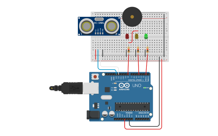 Circuit design Sensor ultrasonico: led rojo cer, led amar medio y led verde lej | Tinkercad