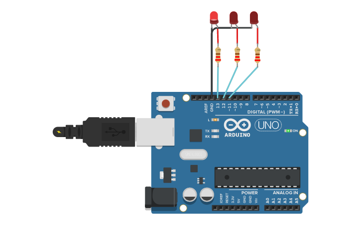 Circuit design 3 led blinking | Tinkercad