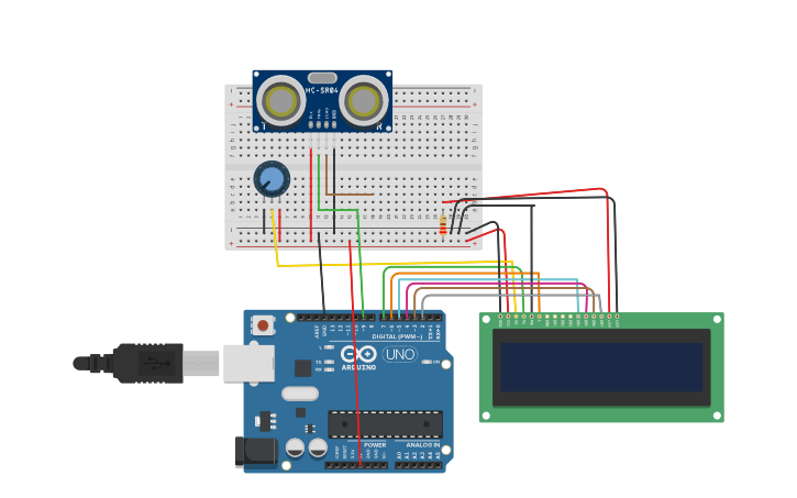 Circuit design Arduino LCD y Sensor de Distancia - Tinkercad
