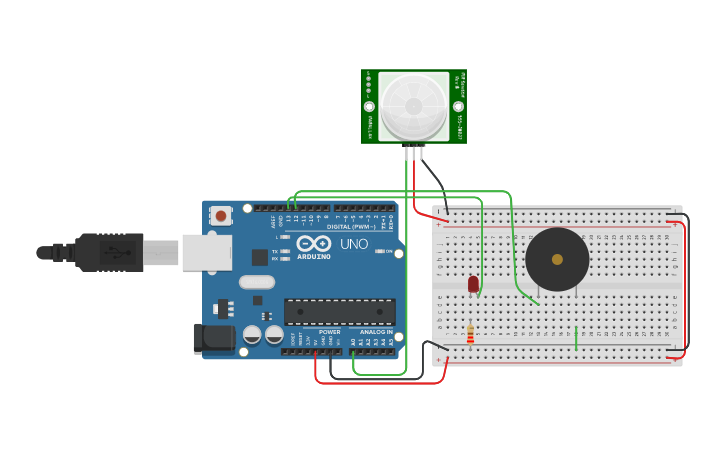 Circuit design Alarma Sensor Pir-Buzzer-Led - Tinkercad