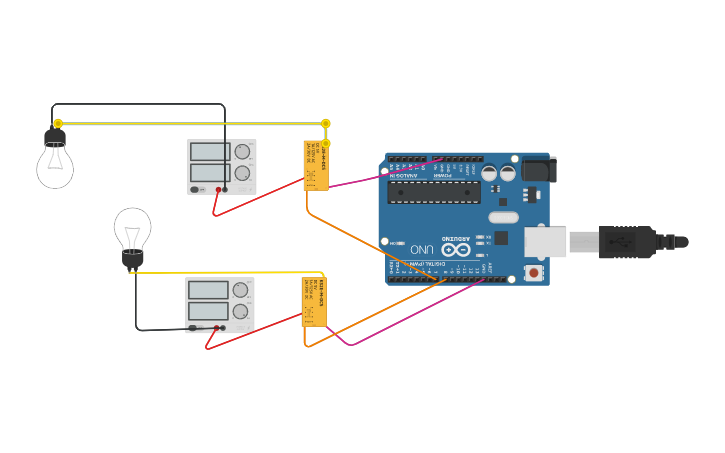 Circuit design Lâmpadas e Relés | Tinkercad