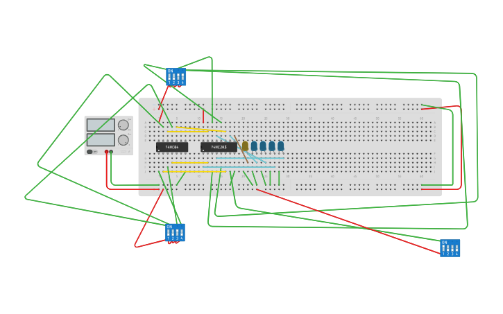Circuit design 4-bit parallel substracter implementation - Tinkercad