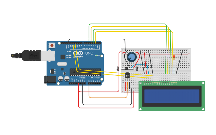 Circuit design Sensor de temperatura y LCD - Tinkercad