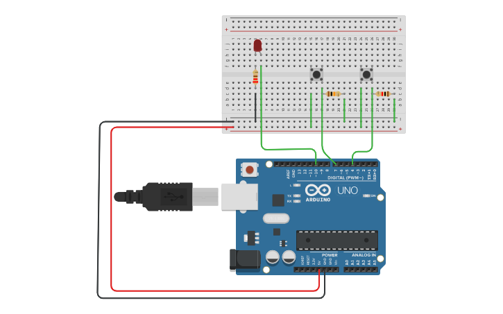 Circuit design Copy of 7. Arduino Pulsante e Led | Tinkercad