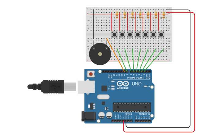 Circuit design Circuito15:Piano Buzzer - Tinkercad