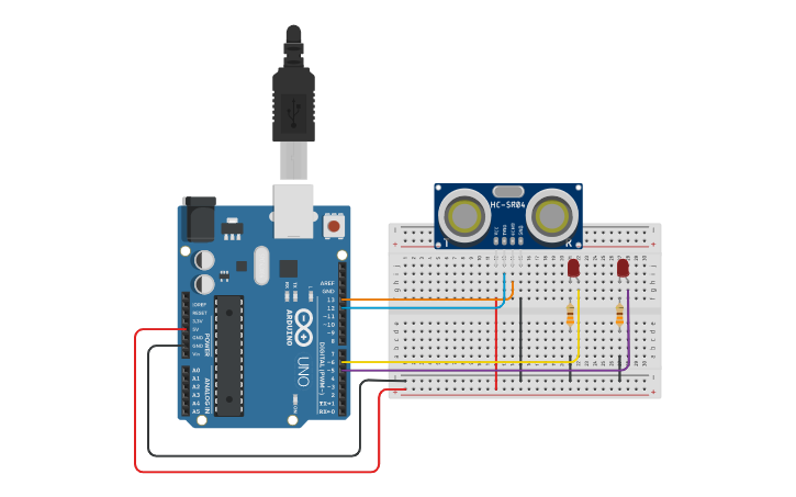 Circuit design Water level indicator using US - Tinkercad