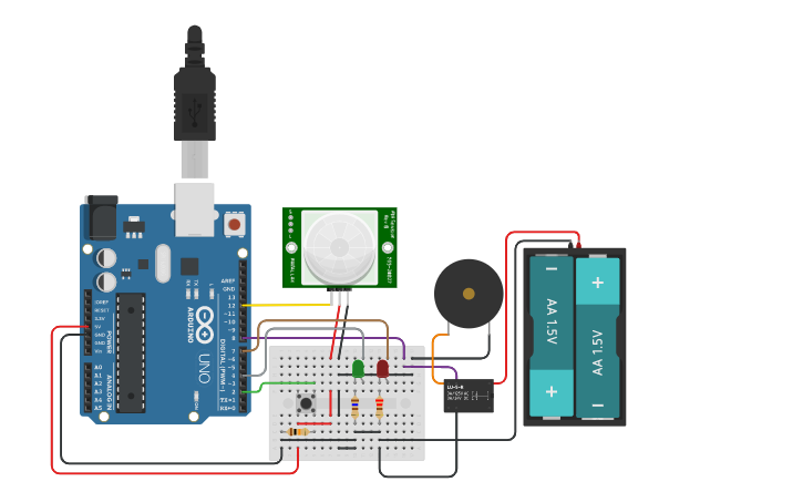 Circuit design Alarme Sensor PIR com Relé Buzzer | Tinkercad