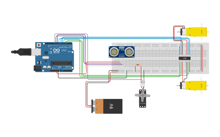 Circuit design microcontroler, baterry, electronics - Tinkercad