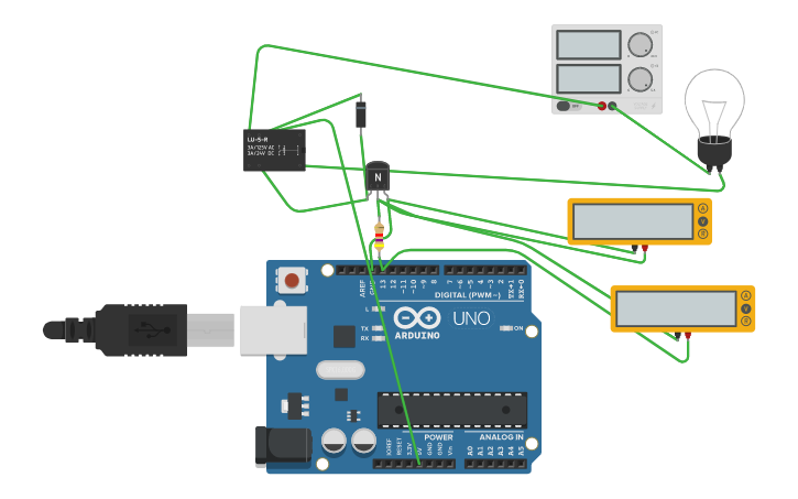 Circuit design Pisca Lampada com relé e transistor - Tinkercad