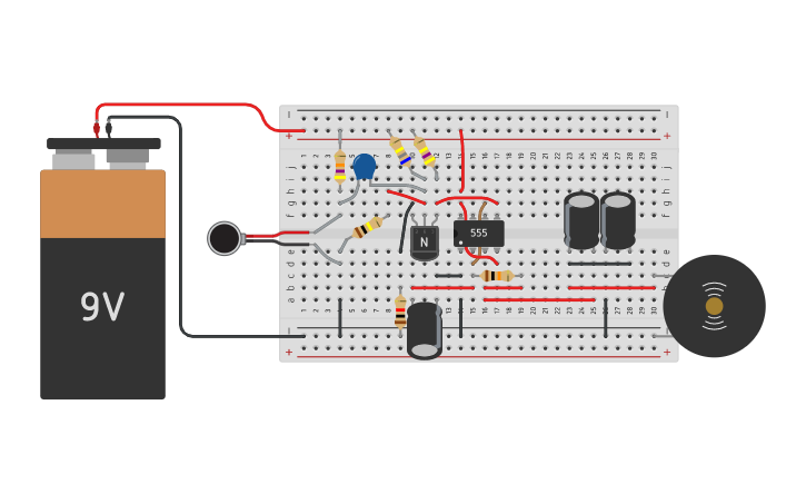 Circuit design Low Audio Amplifier using IC 555 Timer - Tinkercad
