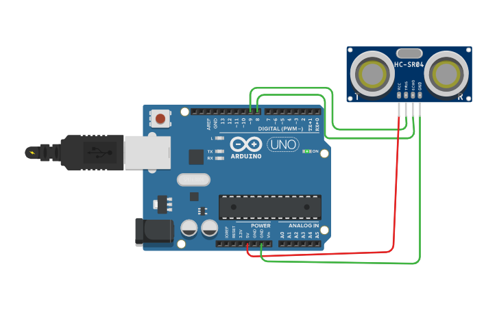 Circuit design maximo rodriguez tp 10 sensor a distancia | Tinkercad