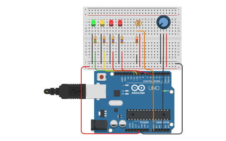 Circuit design fotoresistenza e potenziometro (4 led) - Tinkercad
