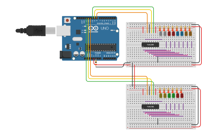 Circuit design 14 LEDS 74HC595 - Douglas | Tinkercad