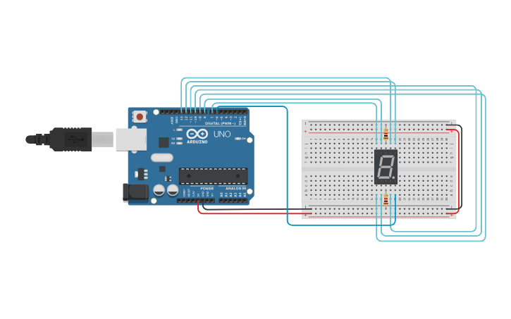 Circuit design 7 Segment Display from 0 to 9 , dp - Tinkercad