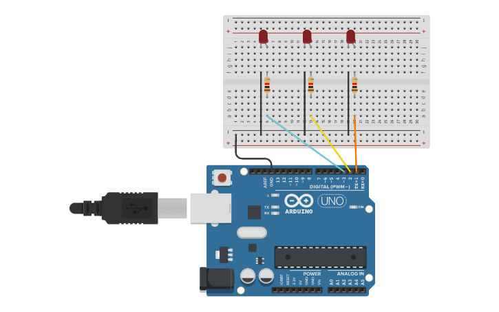 Circuit design 3 leds - Tinkercad