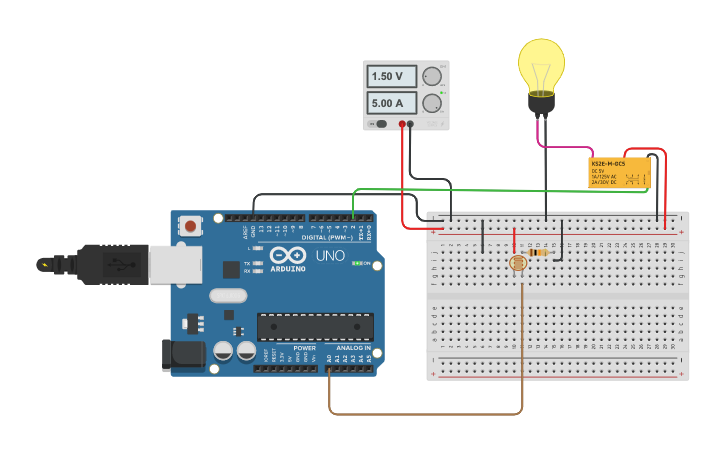 Circuit design fotocelda con foco relevador y arduino - Tinkercad