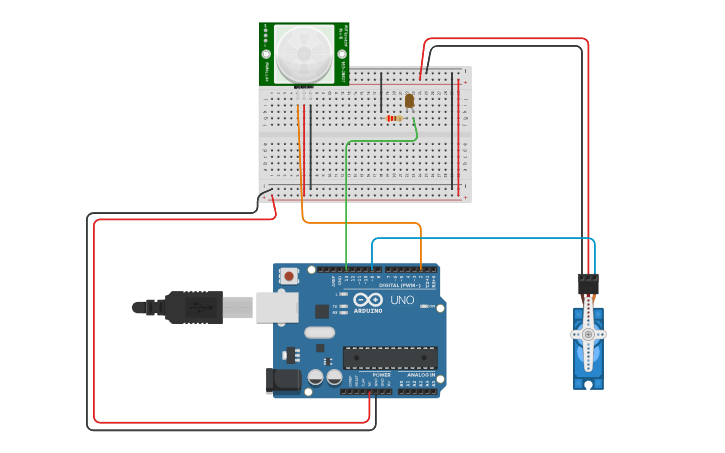 Circuit design PIR sensor with Servo motor - Tinkercad Circuit design PIR sensor with Servo motor - Tinkercad