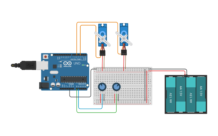 Circuit design Servos motores - controlados por potenciômetros - Tinkercad