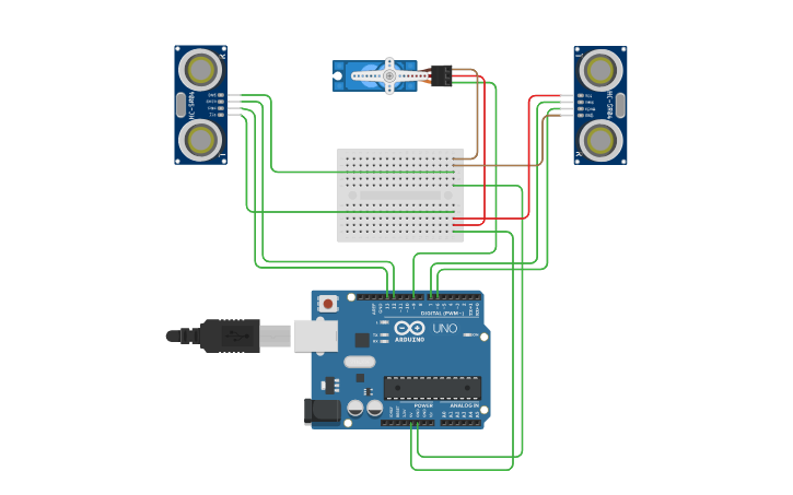Circuit design İKİ ULTRASONİC SENSÖR VE SERVO MOTOR - Tinkercad
