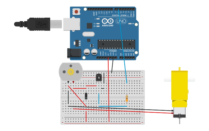 Circuit design Practica 6 motores con transistor - Tinkercad