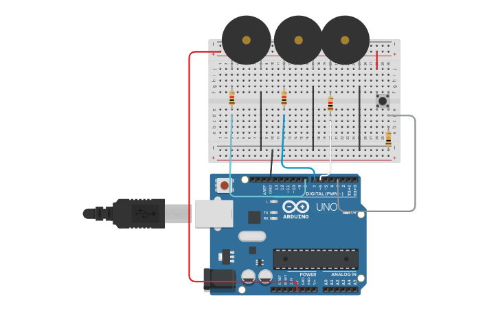 Circuit design tone multiple using buzzer and push button - Tinkercad