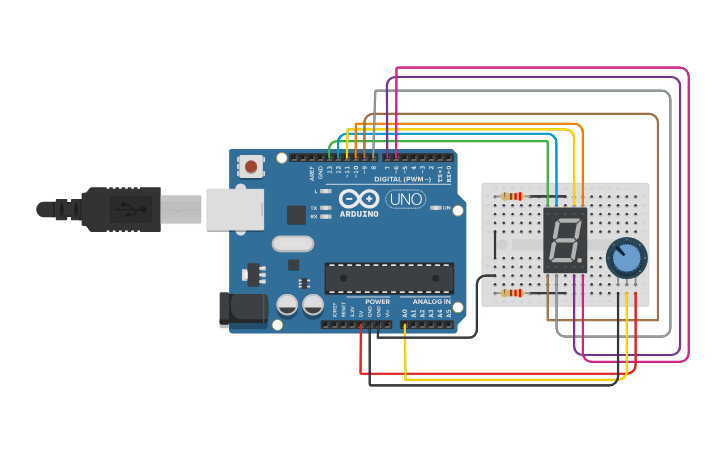 Circuit design Potentiometer with 7-Segment Display - Tinkercad