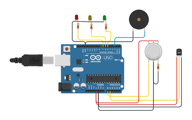 Circuit design sensor gas & suhu | Tinkercad