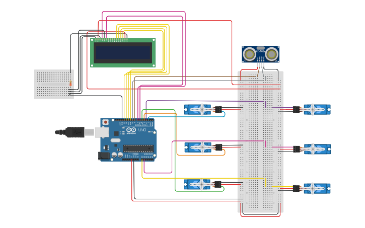 Circuit design Controlling 6 Servo motors using Ultrasonic sensor - Tinkercad