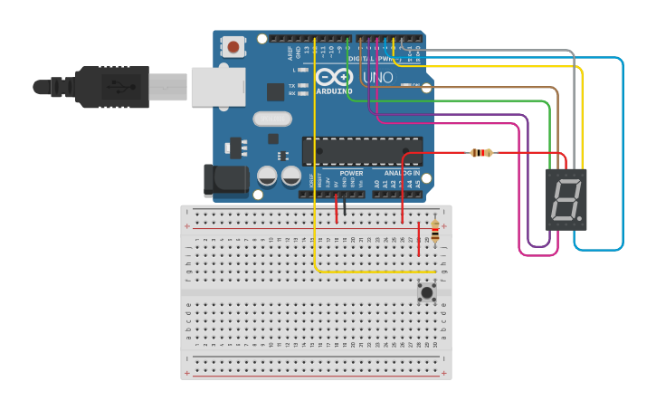 Circuit design Texto "Hola" Display de 7 segmentos | Tinkercad