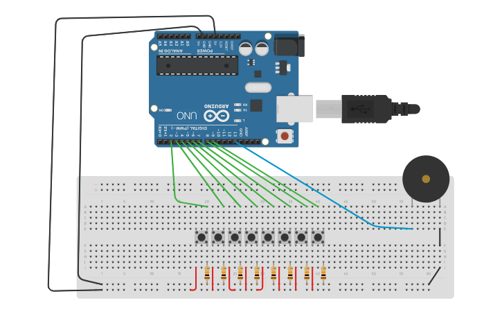 Circuit design Piano with arduino - Tinkercad