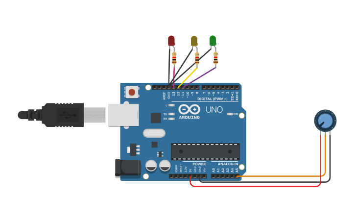 Circuit design Mengatur LED Potensio Meter - Tinkercad Circuit design Mengatur LED Potensio Meter - Tinkercad