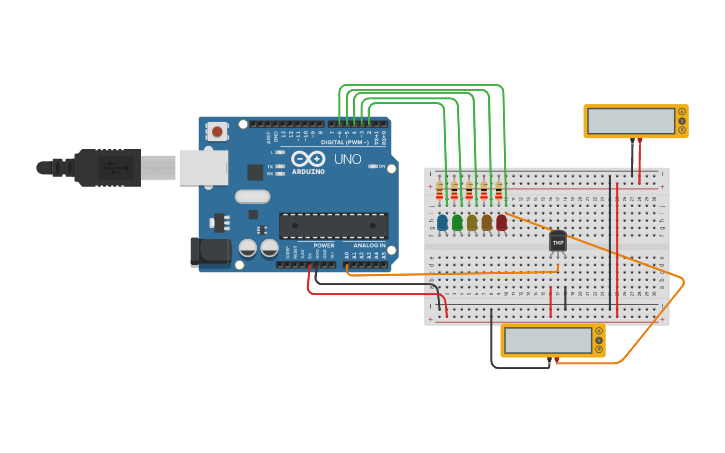 Circuit design Arduino + led + LM35 - Tinkercad