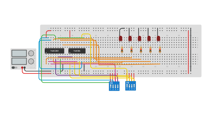 Circuit design 4 bit binary subtractor - Tinkercad