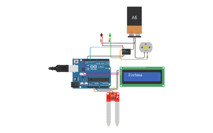 Circuit design Sistema de riego automático con relé Basado LCD 16 x 2 (I2C) - Tinkercad