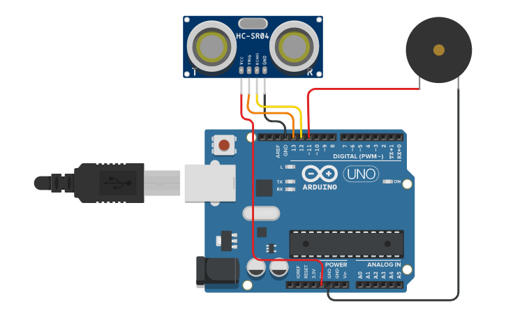 Circuit design Ultrasonic sensor code in text coding | Tinkercad