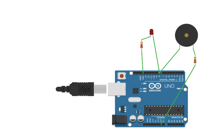 Circuit design LED and BUZZER ON or OFF | Tinkercad