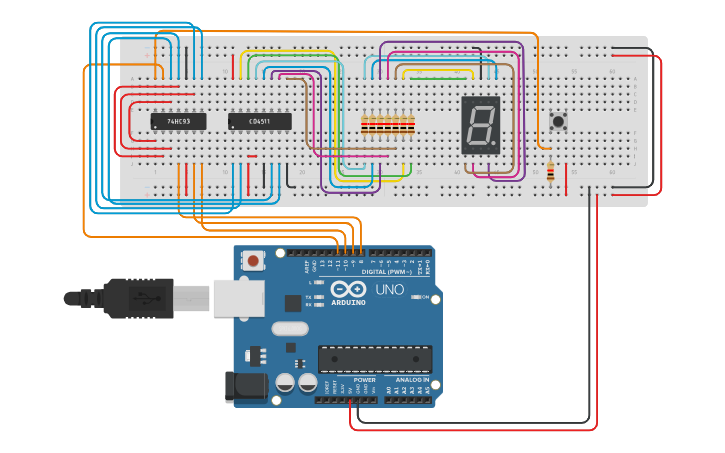 Circuit design Contador de pulsos síncrono CI 7493 - Tinkercad