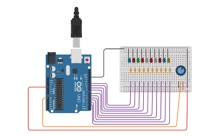 Circuit design CIRCUITO DE LEDS CON POTENCIOMETRO | Tinkercad