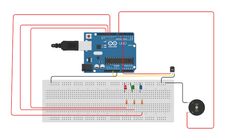 Circuit design Buzzer and temperature sensors - Tinkercad