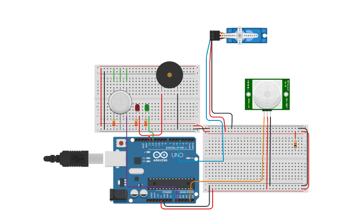 Circuit design Fire alarm using smoke sensor - Tinkercad