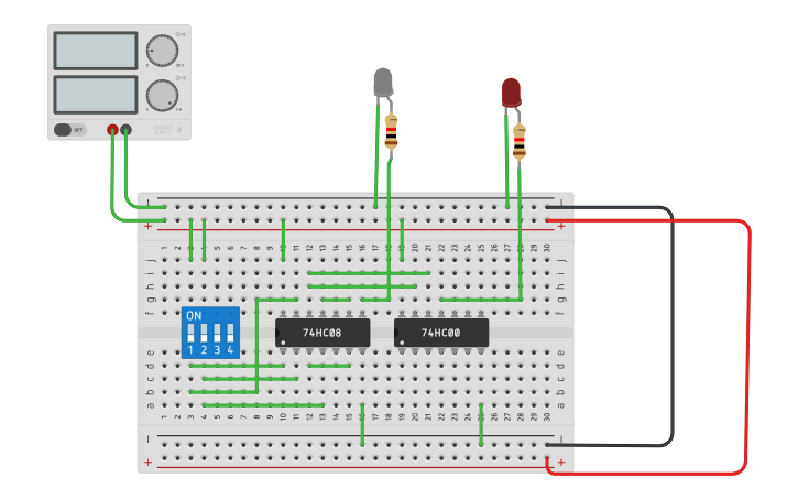 Circuit design HALF ADDER-UISNG NAND GATE | Tinkercad Circuit design HALF ADDER-UISNG NAND GATE | Tinkercad